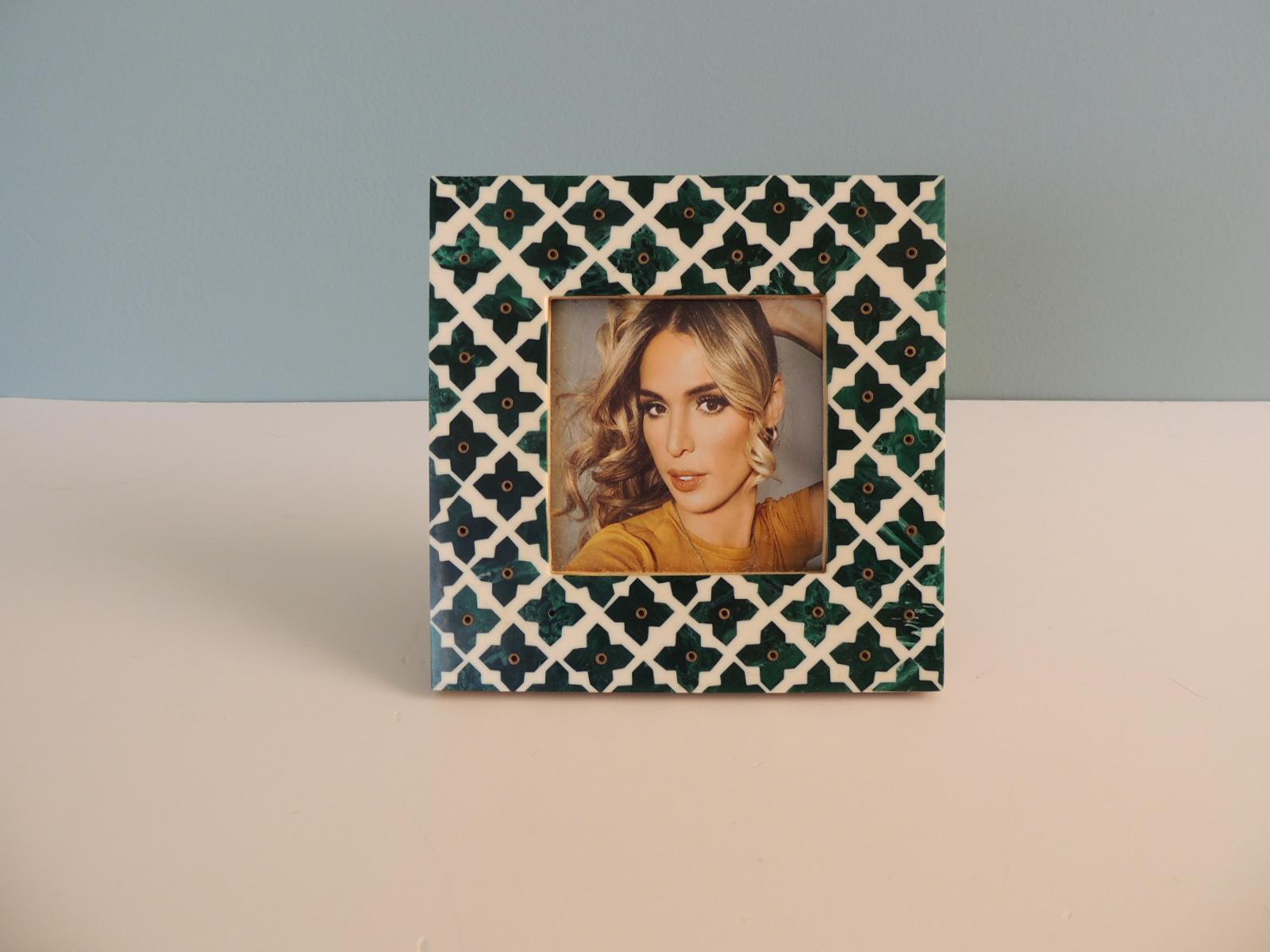 Square Inlaid Faux Bone Picture Frame with Brass Studs For Sale at 1stDibs
