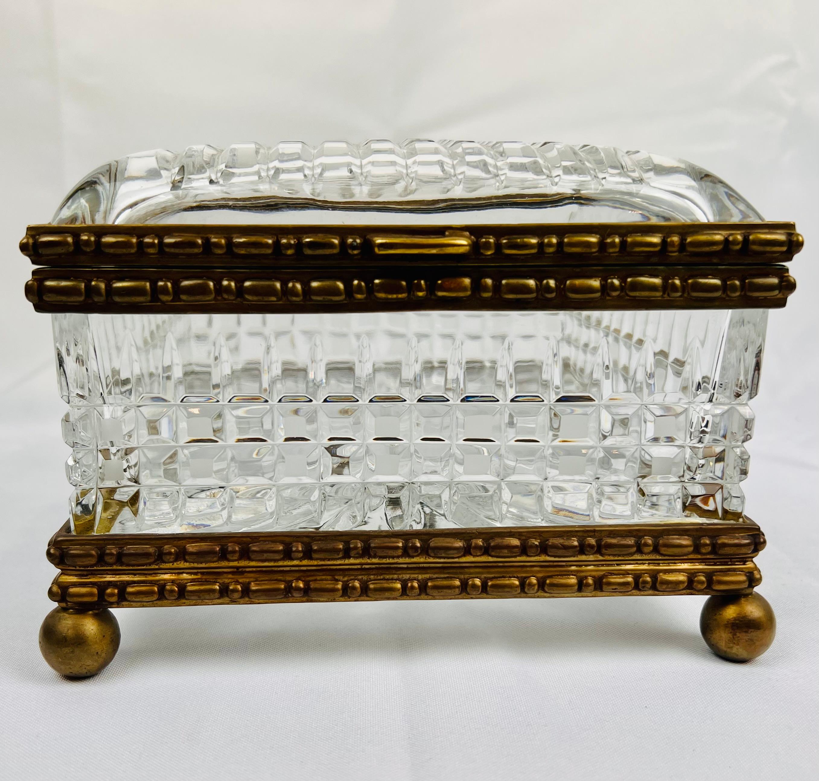 Large Square Hinged, Cut Lead Crystal Box With Brass Frame and Ball ...