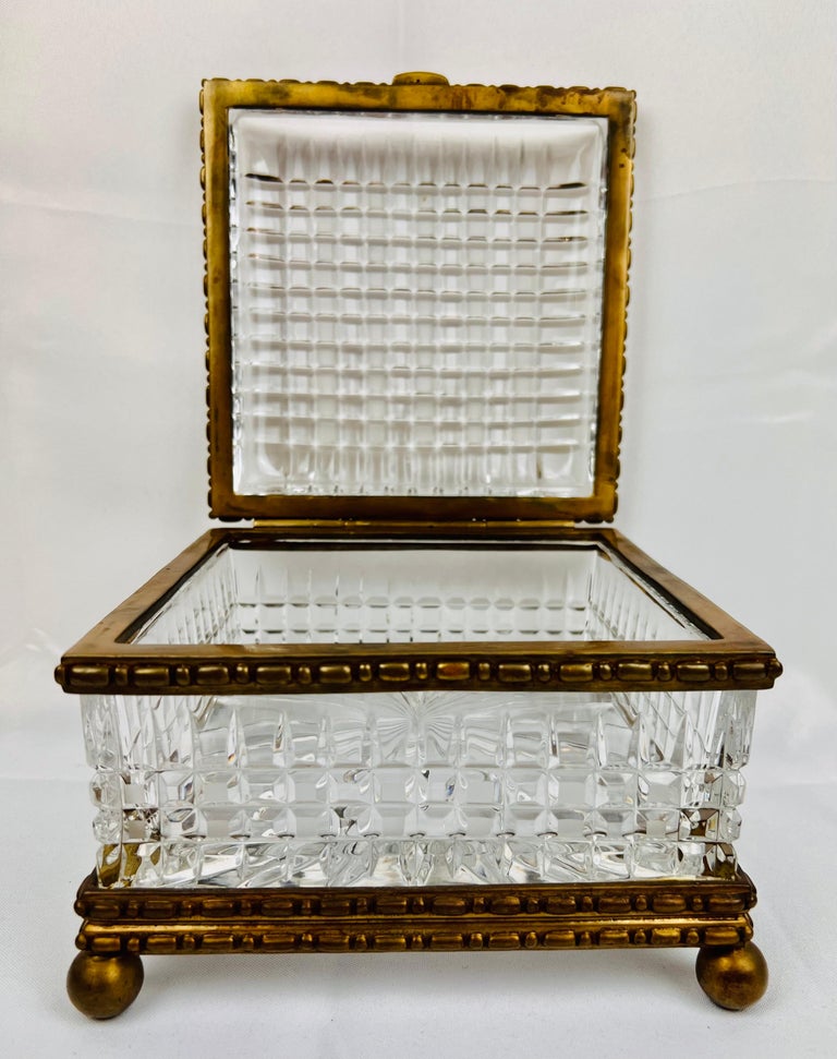 Square Hinged, Cut Lead Crystal Box With Brass Frame and Ball Feet For ...