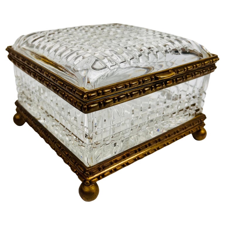 Square Hinged, Cut Lead Crystal Box With Brass Frame and Ball Feet For ...