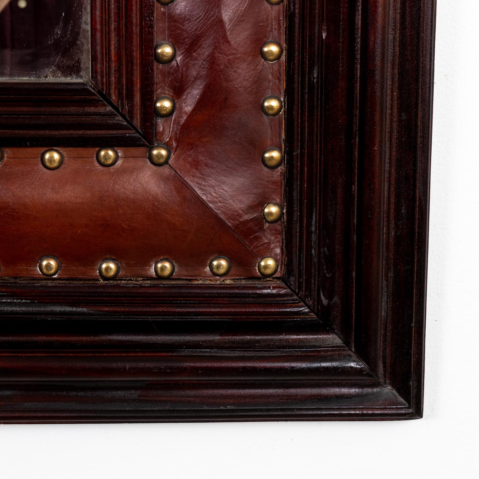 Square Leather and Wood Mirror with Brass Studs For Sale at 1stDibs