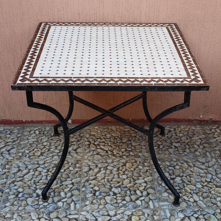 Square Moroccan Mosaic Side Table - White / Brown For Sale at 1stDibs