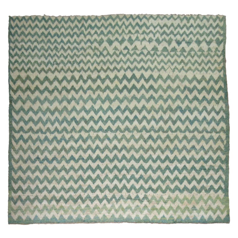 Square Persian Shag Rug in Green and Ivory For Sale at 1stDibs