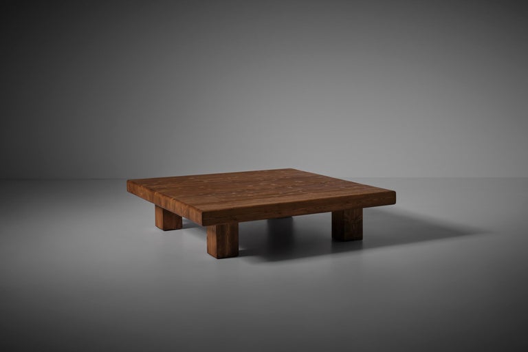 Square Pine Wooden Coffee Table, France, 1970s at 1stDibs