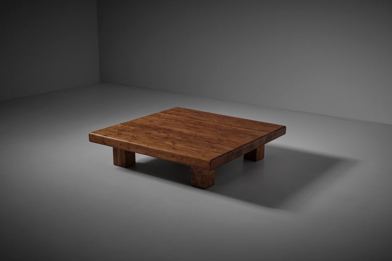 Square Pine Wooden Coffee Table, France, 1970s at 1stDibs