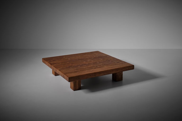 Square Pine Wooden Coffee Table, France, 1970s at 1stDibs