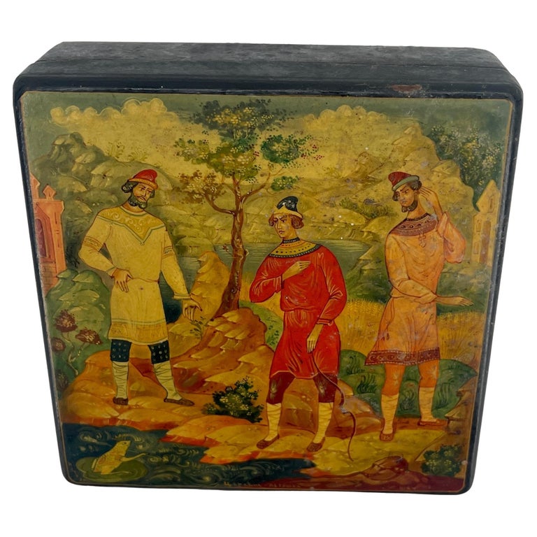 Square Russian Hand Painted Lacquered Wooden Box, Signed at 1stDibs