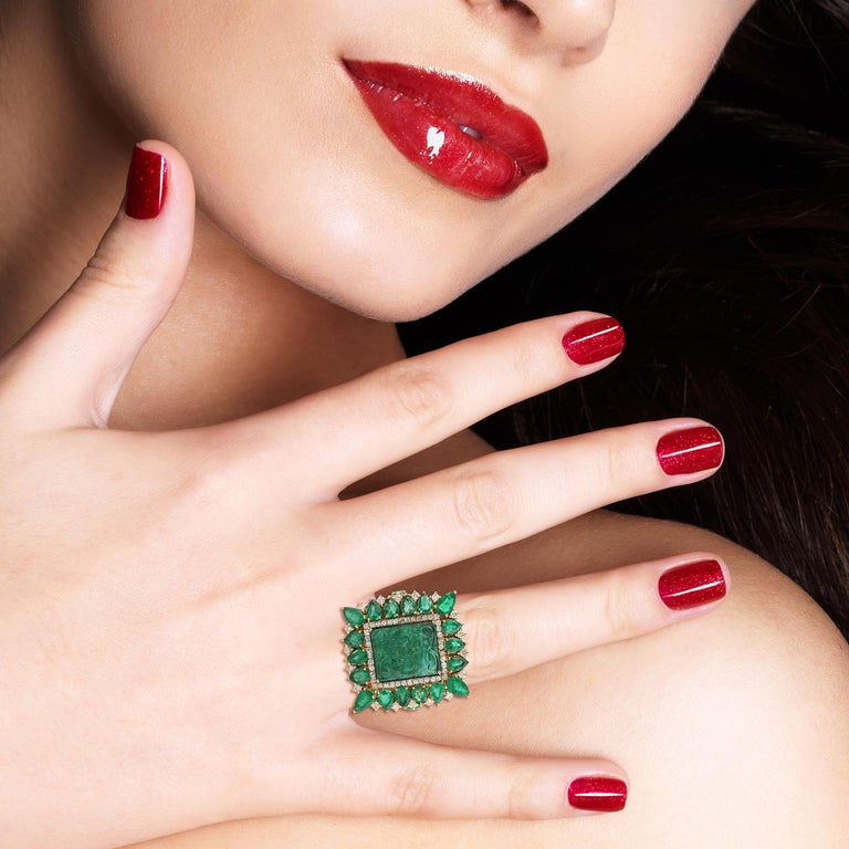 Square Shape Emerald Cocktail Ring with Diamonds Made in 18k Yellow ...