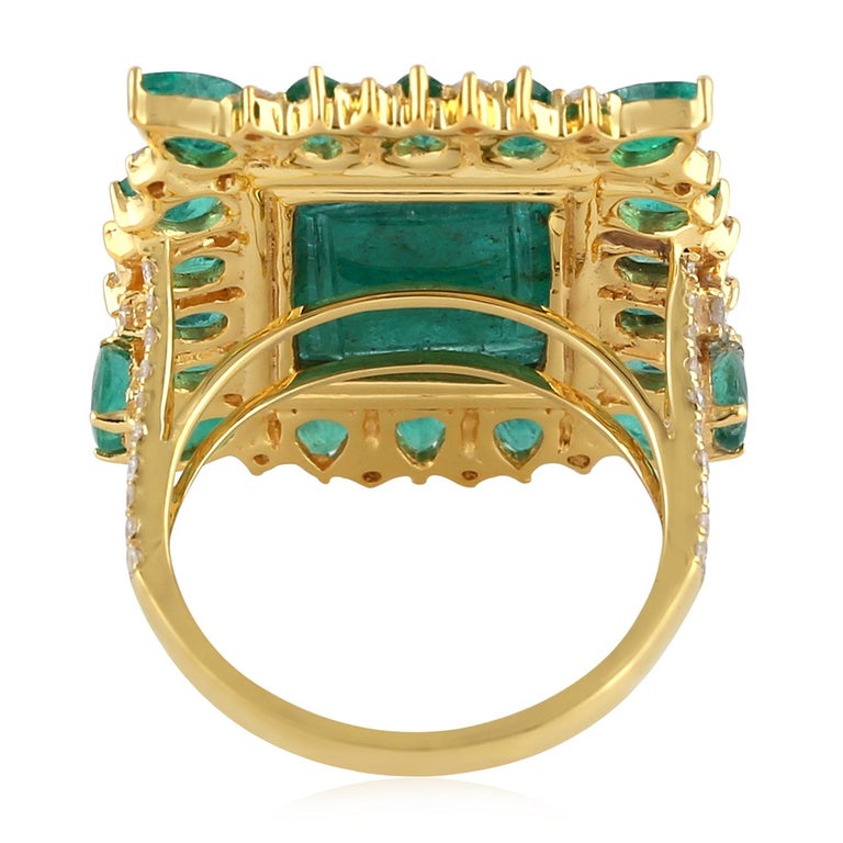 Square Shape Emerald Cocktail Ring with Diamonds Made in 18k Yellow ...