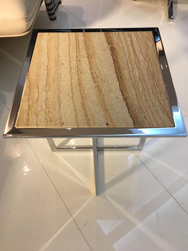 Square Side Table With Polished Chrome Frame and Sandstone Top by ...