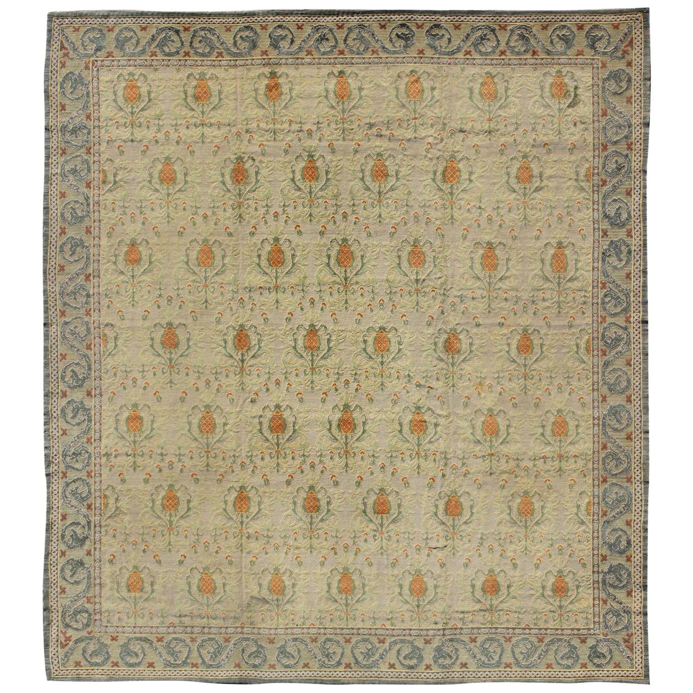 Square Sized Antique Spanish Carpet in Green, Orange and Gray/Blue at ...