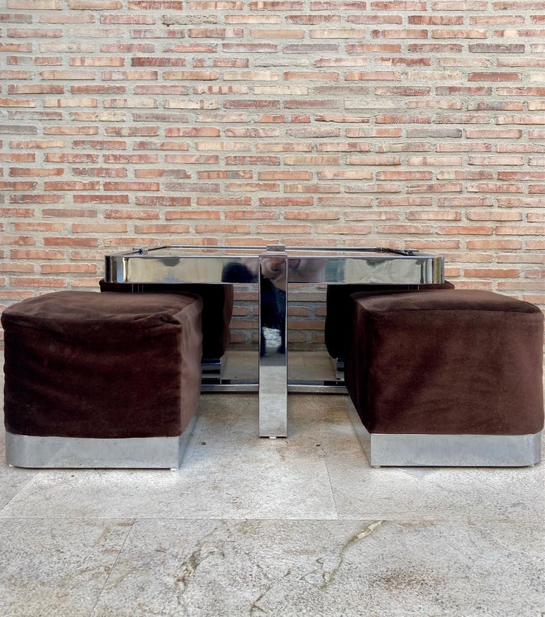 Square Smoked Glass and Steel Coffee or Side Table with Four Nesting ...