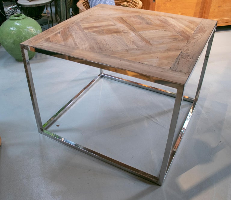 Square Steel Table with French Antique Oak Wooden Top For Sale at 1stDibs