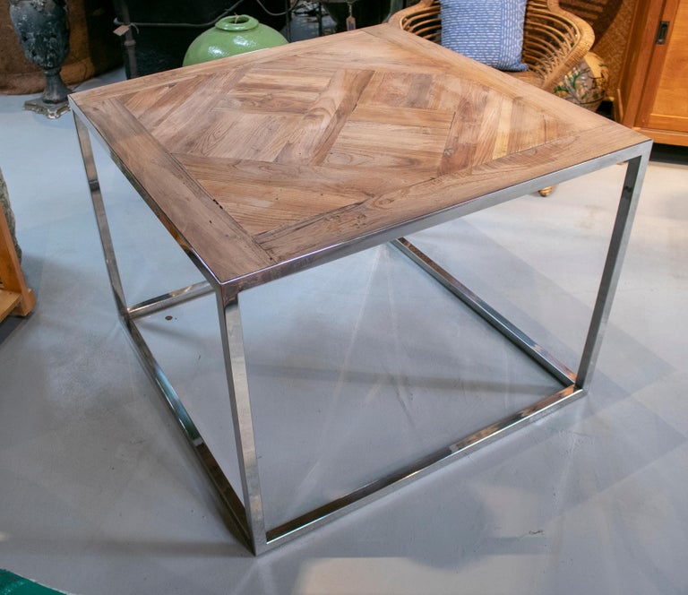 Square Steel Table with French Antique Oak Wooden Top For Sale at 1stDibs