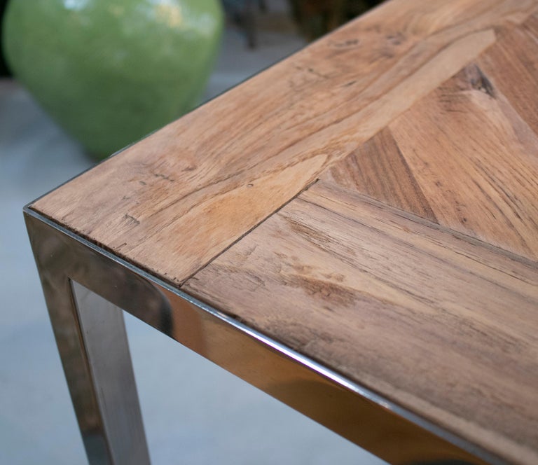 Square Steel Table with French Antique Oak Wooden Top For Sale at 1stDibs