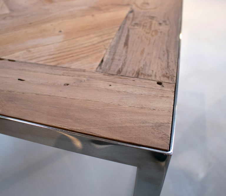 Square Steel Table with French Antique Oak Wooden Top For Sale at 1stDibs