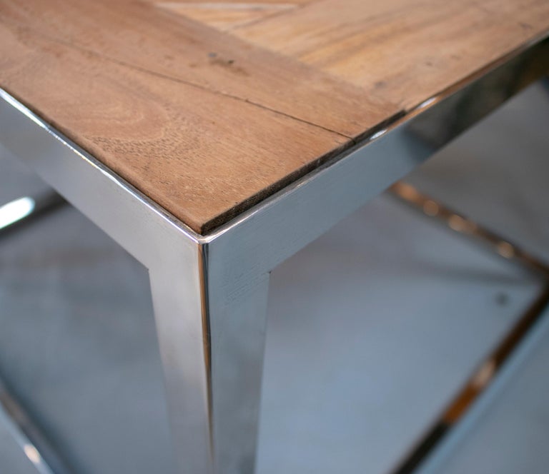 Square Steel Table with French Antique Oak Wooden Top For Sale at 1stDibs
