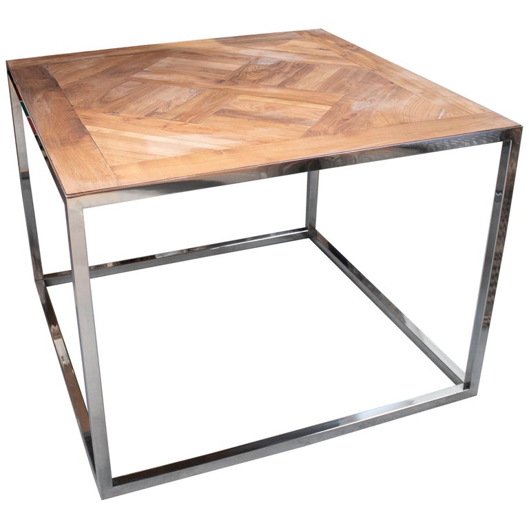 Square Steel Table with French Antique Oak Wooden Top For Sale at 1stDibs
