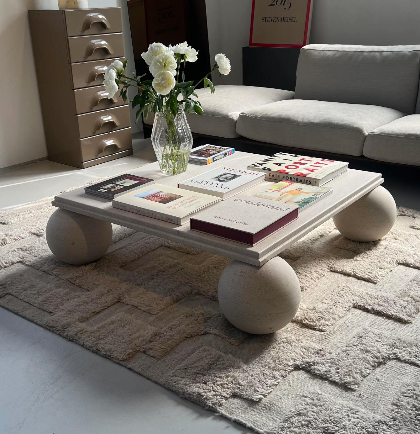 Square Stone Coffee Table with Ball Sphere Base in Cream Portuguese ...