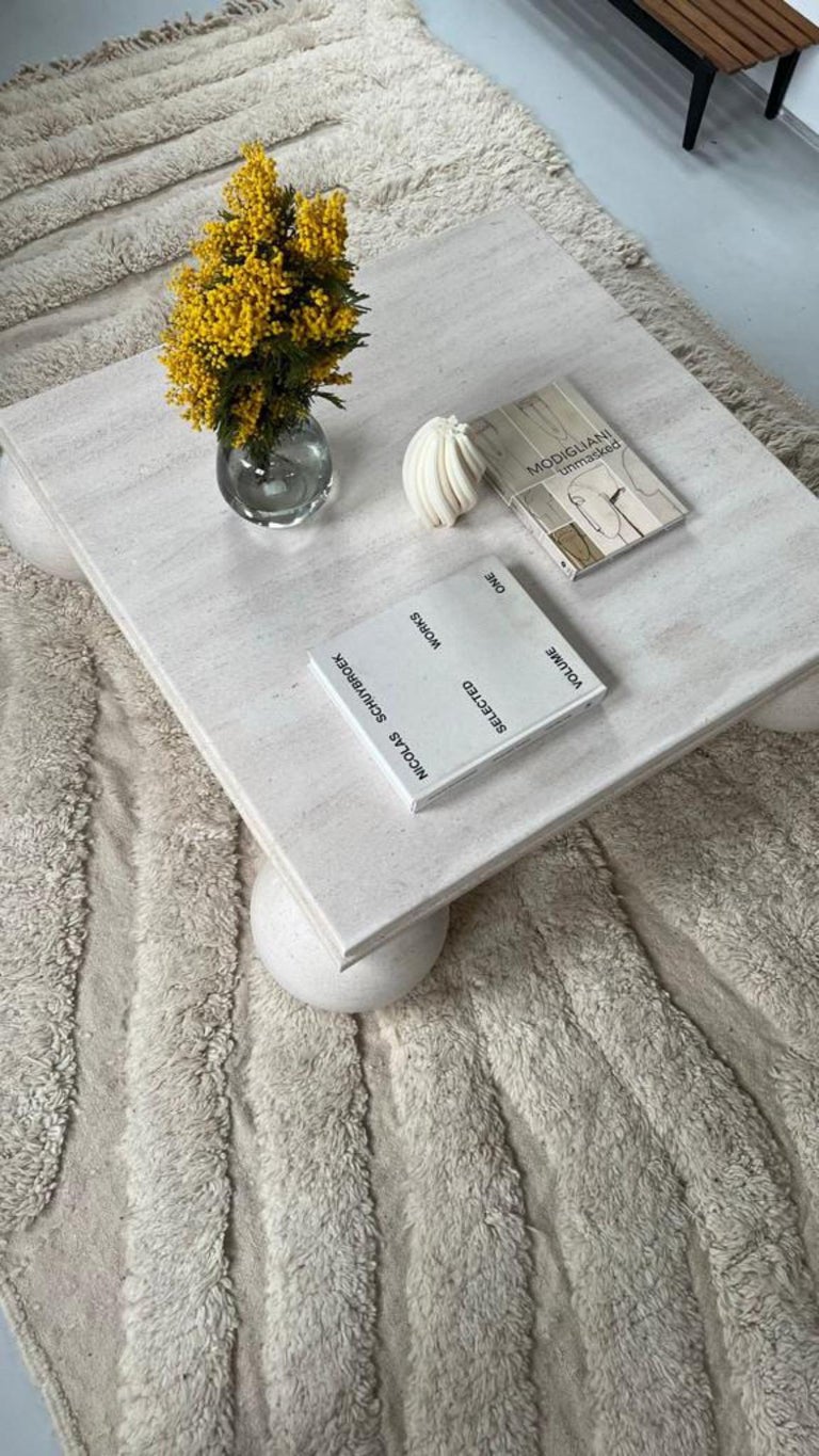 Square Stone Coffee Table with Ball Sphere Base in Cream Portuguese ...