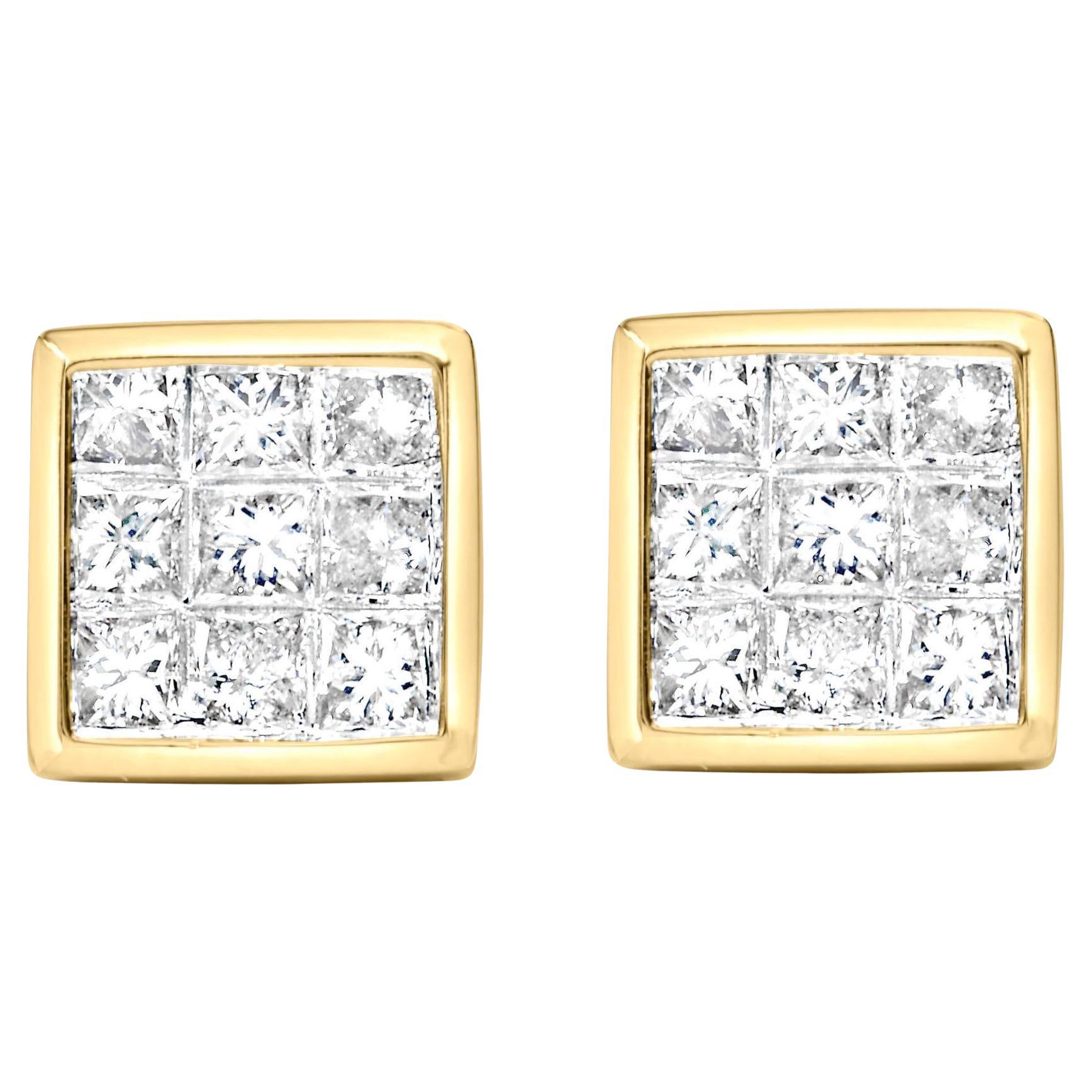 Square Stud Earrings Illusion Set Diamonds Princess Cut 14K Yellow Gold For Sale at 1stDibs
