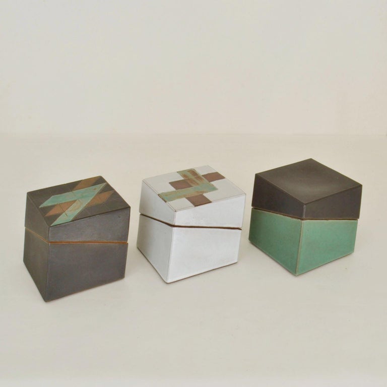 Square Studio Pottery Boxes, Sage Green, Black and White For Sale at ...