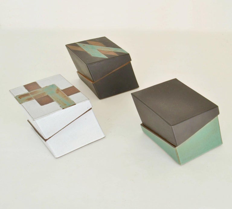 Square Studio Pottery Boxes, Sage Green, Black and White For Sale at ...