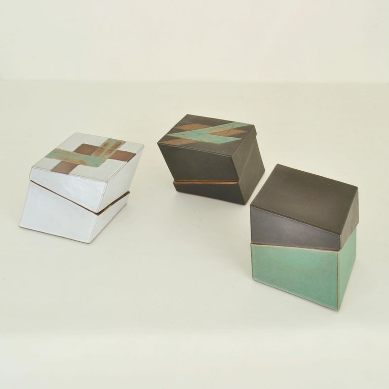 Square Studio Pottery Boxes, Sage Green, Black and White For Sale at ...