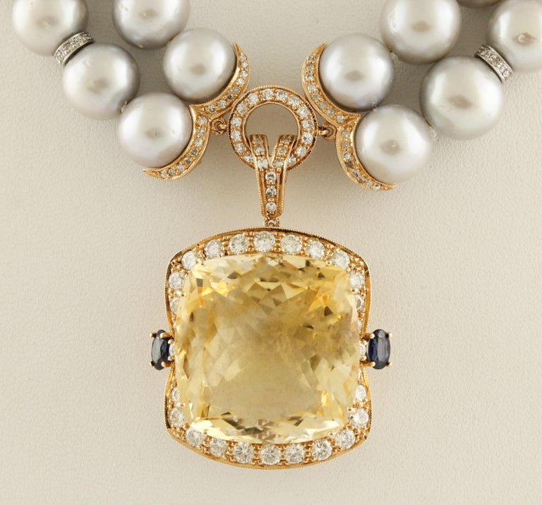 Square Topaz Grey Pearl Gold Necklace at 1stDibs