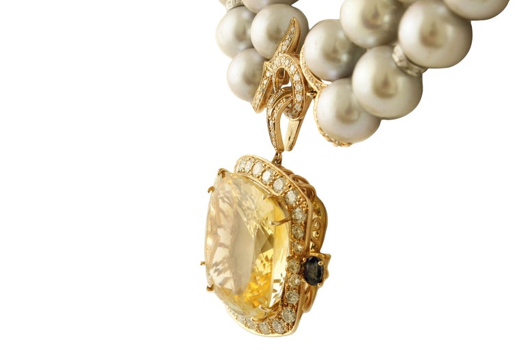 Square Topaz Grey Pearl Gold Necklace at 1stDibs