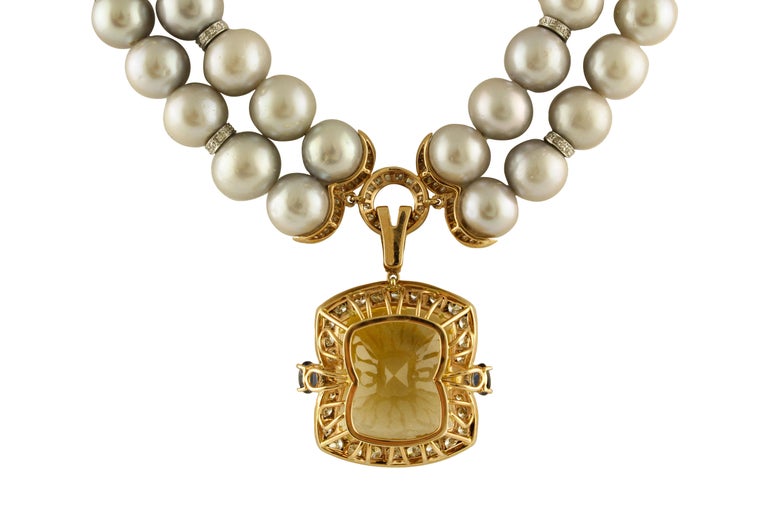 Square Topaz Grey Pearl Gold Necklace at 1stDibs