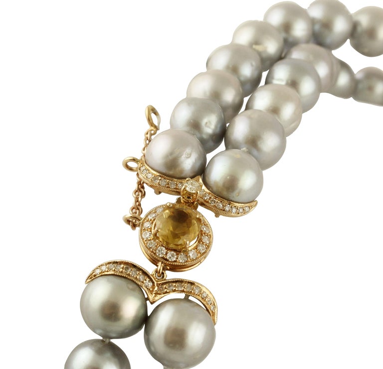 Square Topaz Grey Pearl Gold Necklace at 1stDibs
