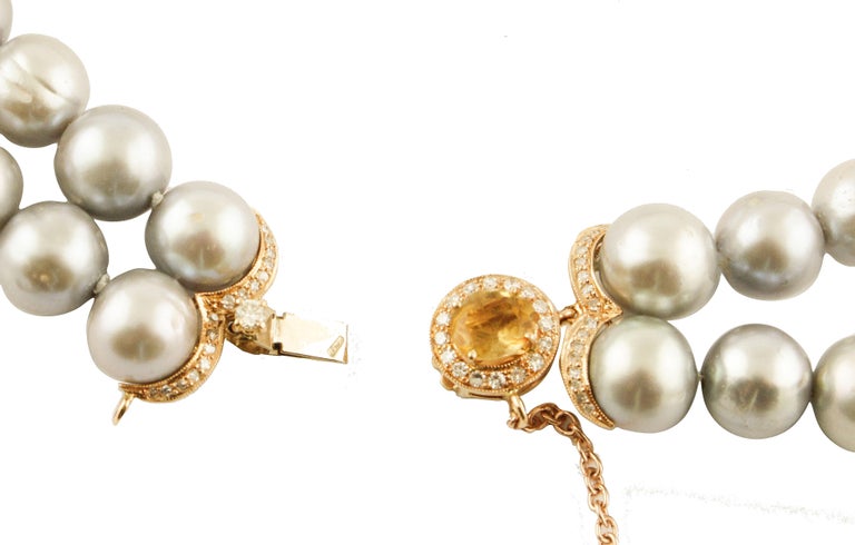 Square Topaz Grey Pearl Gold Necklace at 1stDibs