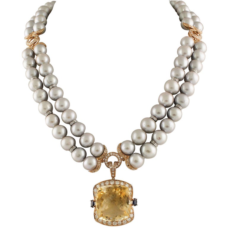 Square Topaz Grey Pearl Gold Necklace at 1stDibs