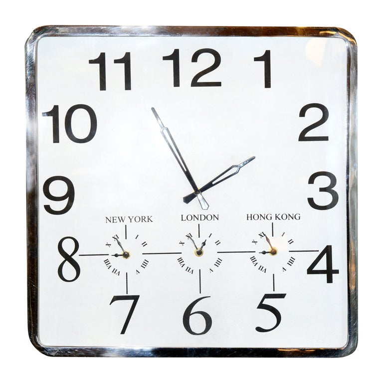 Square Wall Clock with Four Time Options at 1stDibs