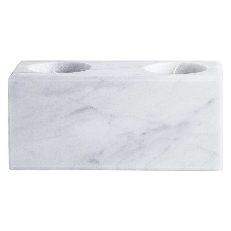 Squared Double Candleholder in White Carrara Marble For Sale at 1stDibs