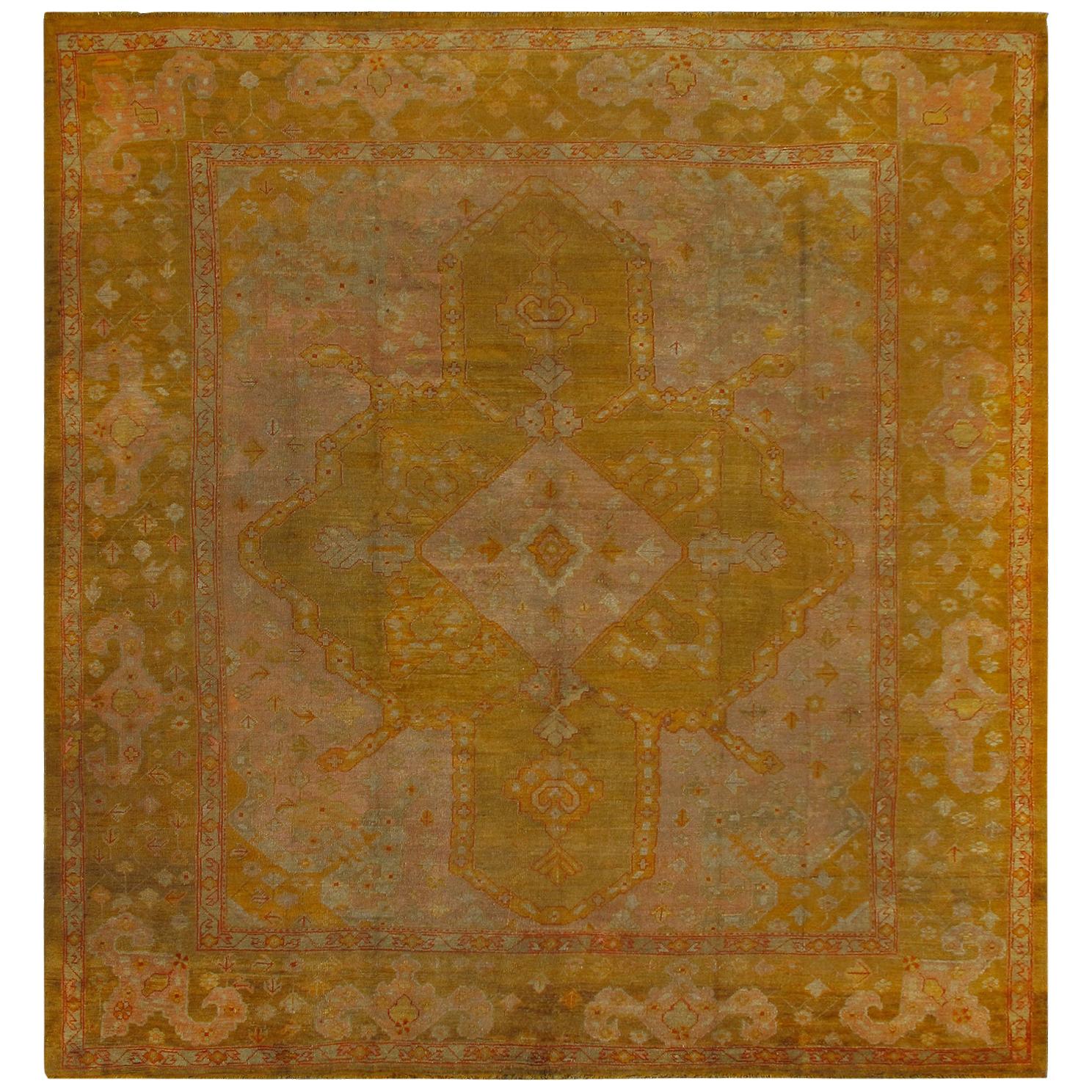 Squared Shape Antique Oushak Rug with Golden Green, Lavender and Pink ...