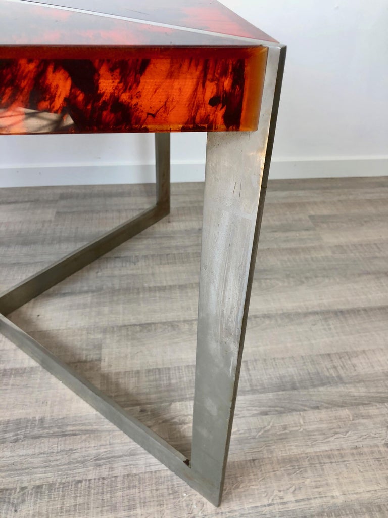 Squared Table in Tortoiseshell Lucite and Steel Italy 1970s Faux ...