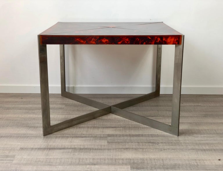 Squared Table in Tortoiseshell Lucite and Steel Italy 1970s Faux ...