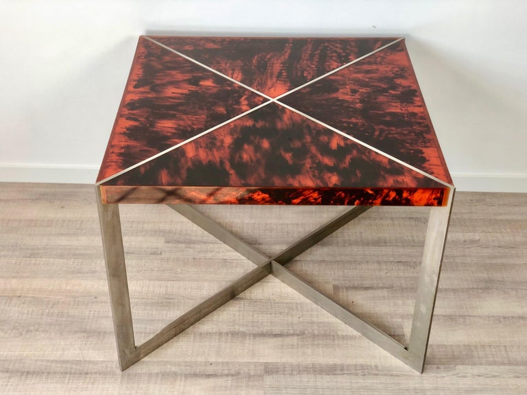 Squared Table in Tortoiseshell Lucite and Steel Italy 1970s Faux ...