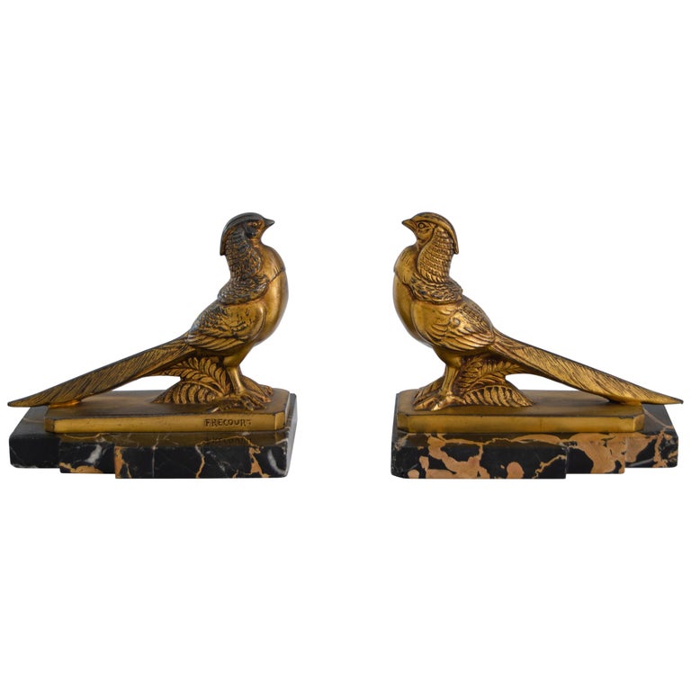 Pheasant bookends in Metal with Gold Patina and Marmol Portoro at 1stDibs