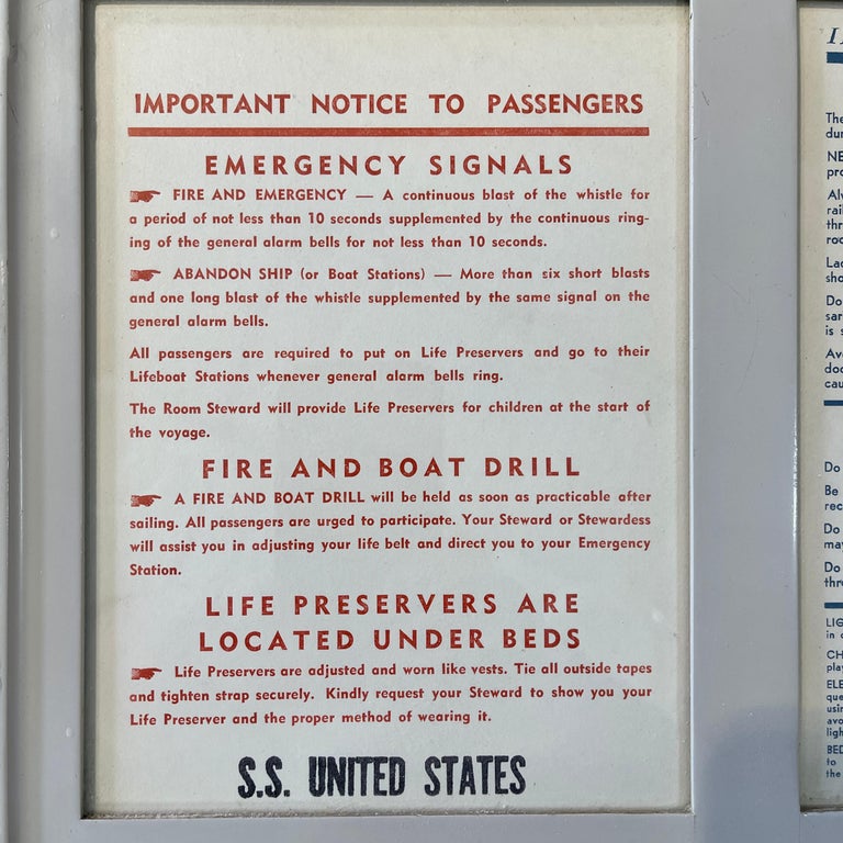 SS United States Sign Notice and Information for Passengers For Sale at ...