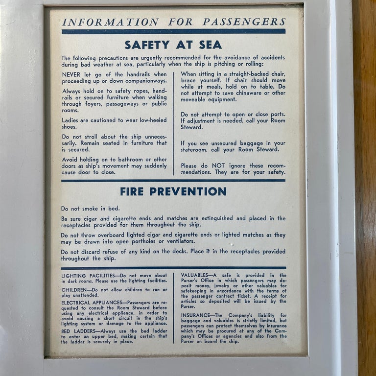 SS United States Sign Notice and Information for Passengers For Sale at ...