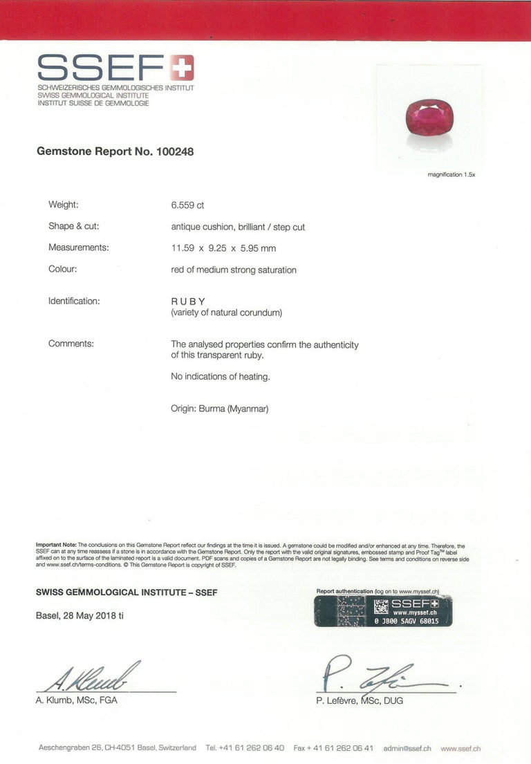 SSEF Switzerland 6.50 Carat Burma Ruby No Heat Diamond Platinum Gold ...