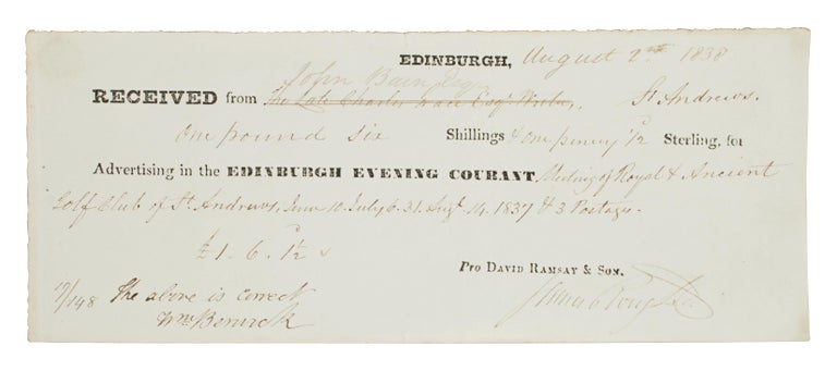St Andrews, Royal and Ancient Golf Club Paper Receipt at 1stDibs