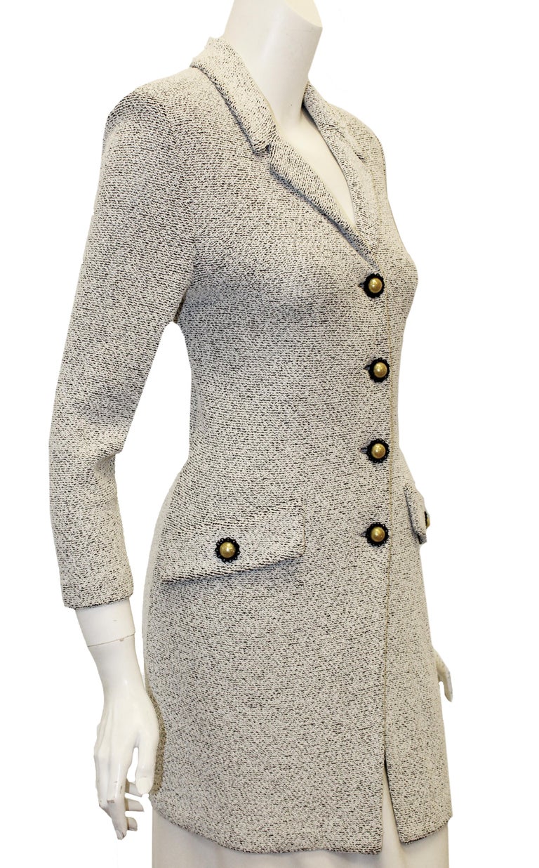 St. John Black and White Long Jacket with Looped Fringe Collar For Sale ...