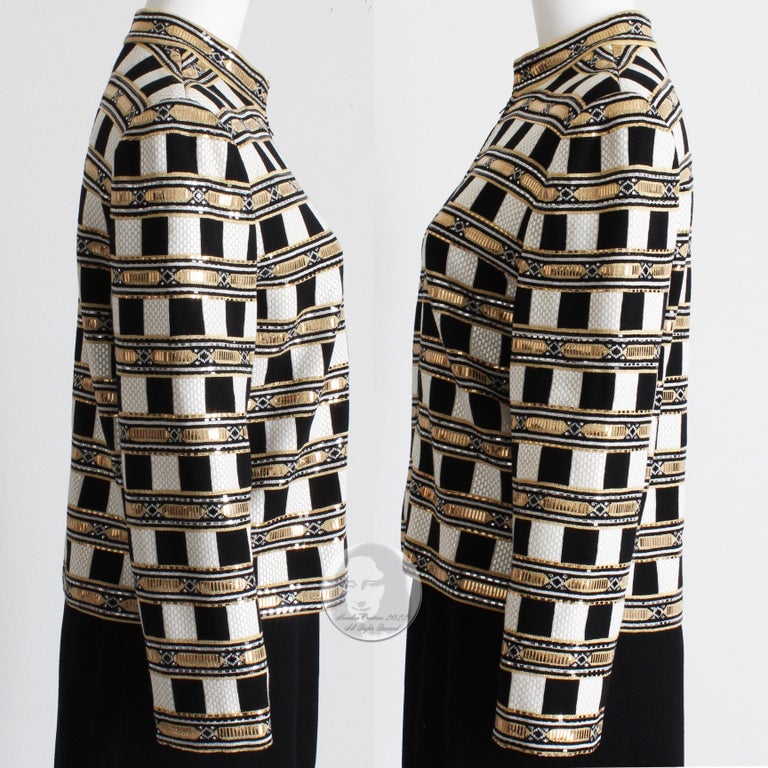 St John Evening Jacket Embellished Knit Gold Black White Zip Front ...