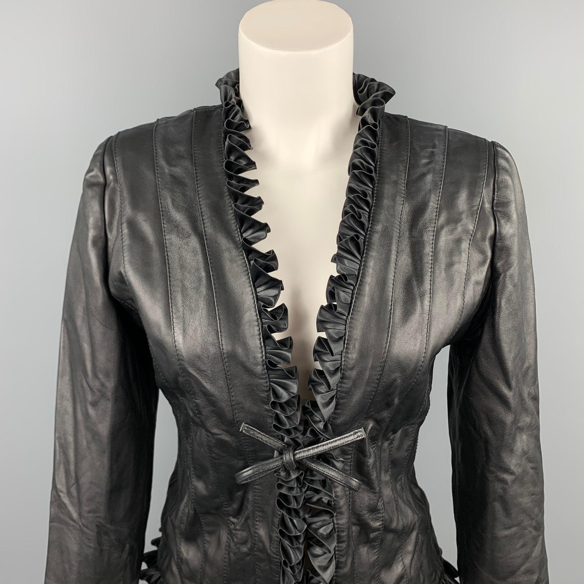 ST. JOHN Size 2 Black Leather Ruffled Jacket For Sale at 1stDibs