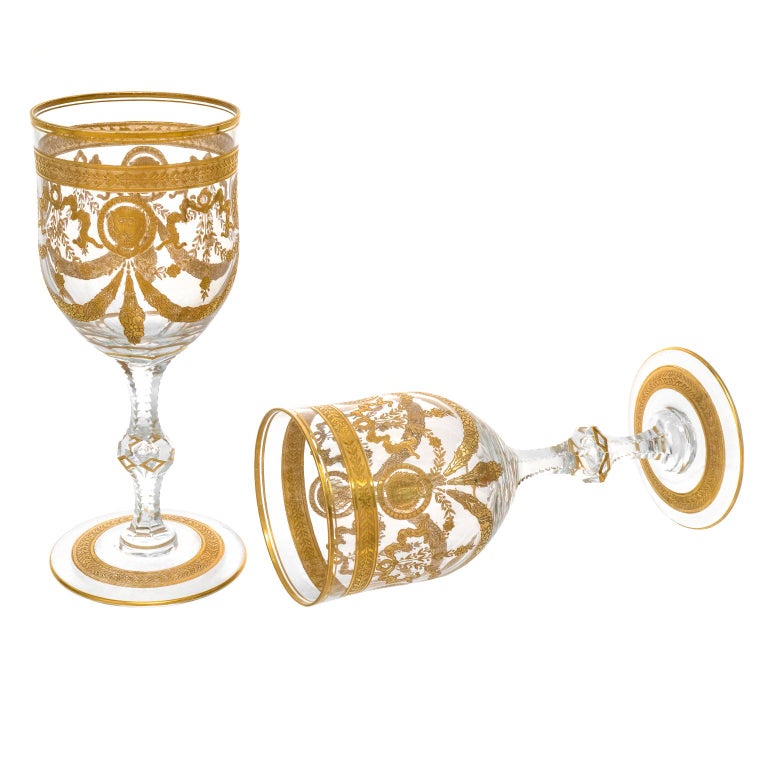 St. Louis Set of 10 Congress Pattern Gilded Crystal Water Goblets at ...