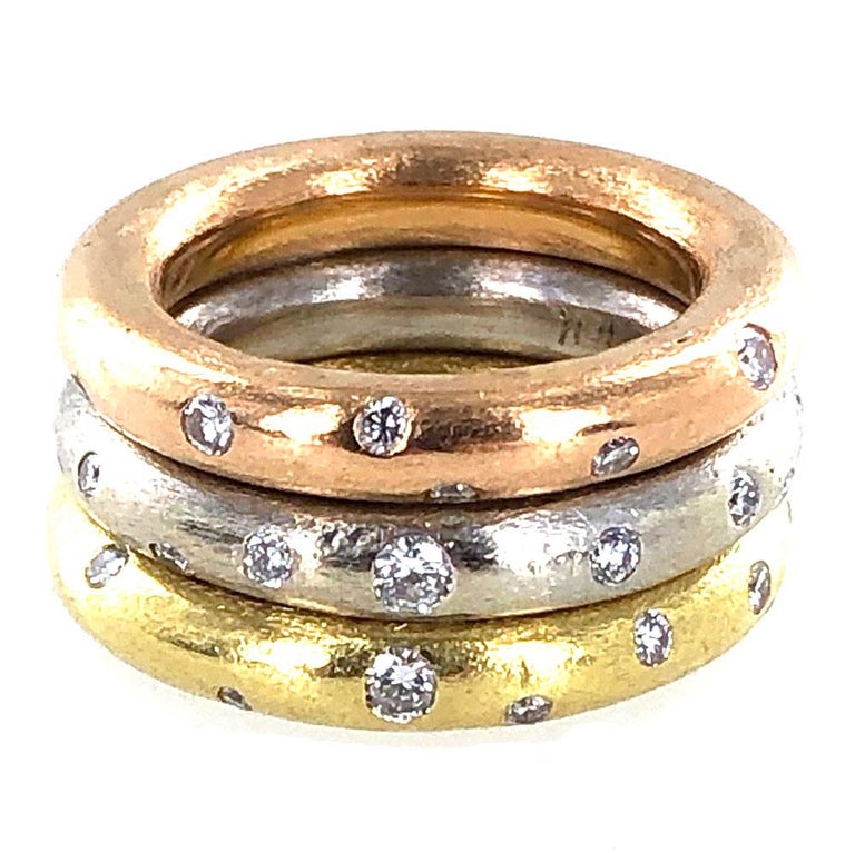 Stackable Diamond 18 Karat Tri-Color Gold Rings at 1stDibs